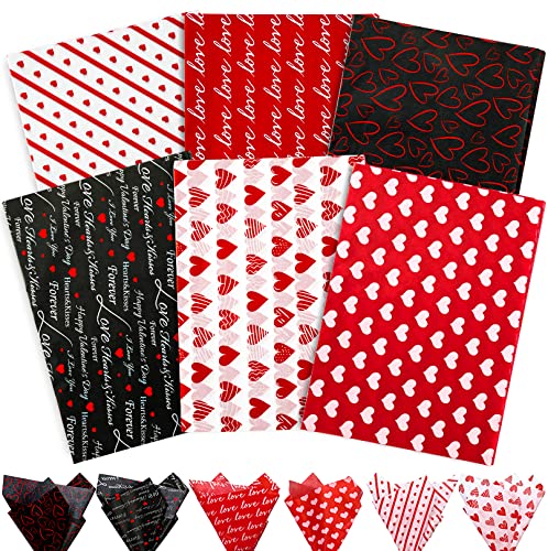 Whaline 90Pcs Valentine's Day Tissue Paper Red Black Gift Wrapping Paper Heart Love Pattern Art Tissue Paper for DIY Craft Birthday Valentine's Day Wedding Holiday Decoration, 14 x 20 Inch