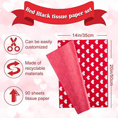 Whaline 90Pcs Valentine's Day Tissue Paper Red Black Gift Wrapping Paper Heart Love Pattern Art Tissue Paper for DIY Craft Birthday Valentine's Day Wedding Holiday Decoration, 14 x 20 Inch