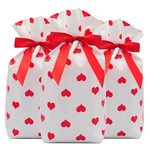 Lovely Valentine's Day Red Cellophane Bags - 50 Packs Heart Theme Plastic Treat Bags Candy Cookies Goodies Snack Gift Bags for Kids Favor, Baby Shower Wedding Christmas Holiday Party Wrap Supplies