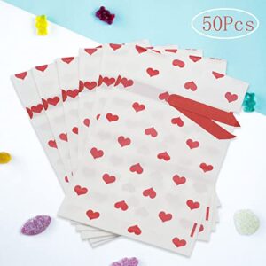 Lovely Valentine's Day Red Cellophane Bags - 50 Packs Heart Theme Plastic Treat Bags Candy Cookies Goodies Snack Gift Bags for Kids Favor, Baby Shower Wedding Christmas Holiday Party Wrap Supplies