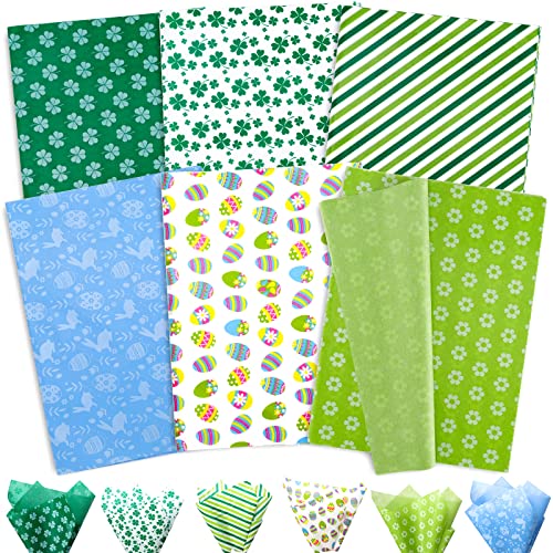 Whaline Easter Tissue Paper Green Blue Gift Wrapping Paper Rabbit Bunny Clover Eggs Flower Art Tissue Paper for Easter St. Patrick's Day DIY Craft Birthday Wedding Decor, 14 x 20 Inch, 90Pcs