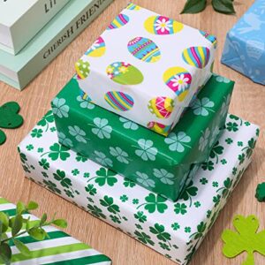 Whaline Easter Tissue Paper Green Blue Gift Wrapping Paper Rabbit Bunny Clover Eggs Flower Art Tissue Paper for Easter St. Patrick's Day DIY Craft Birthday Wedding Decor, 14 x 20 Inch, 90Pcs