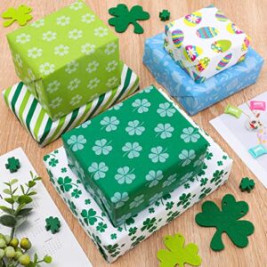 Whaline Easter Tissue Paper Green Blue Gift Wrapping Paper Rabbit Bunny Clover Eggs Flower Art Tissue Paper for Easter St. Patrick's Day DIY Craft Birthday Wedding Decor, 14 x 20 Inch, 90Pcs