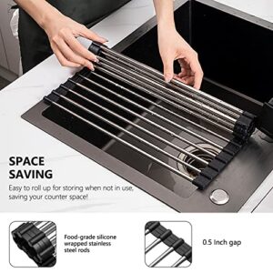 EONGOA Roll Up Dish Drying Rack Over The Sink, Foldable Sink Rack Mat, Expandable & Heavy Duty Silicone Wrapped Stainless Steel Rolling Dish Drainer, Multipurpose Kitchen Dry Rack for Sink Counter