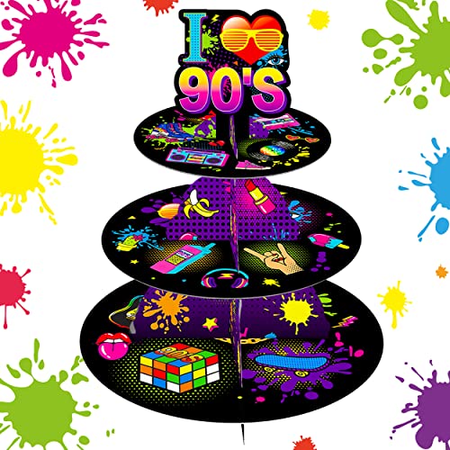 90s Party Decoration Back to The 90s Party Cupcake Stand 3-Tier Cake Cupcake Holder for 1990s Retro Theme Birthday Party Baby Shower Supplies