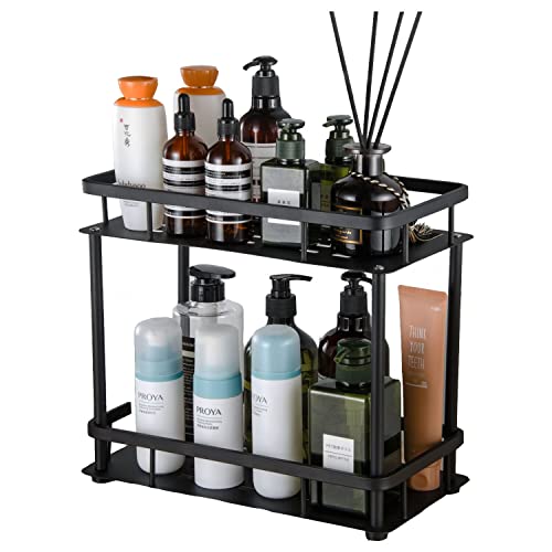 FunViet Modern Bathroom Organizer Countertop,2-Tier Black Aluminum Counter Organizer and Storage Shelf Holder for Bathroom, Kitchen, Bedroom,Office Desk,Pantry and Coffee Bar.