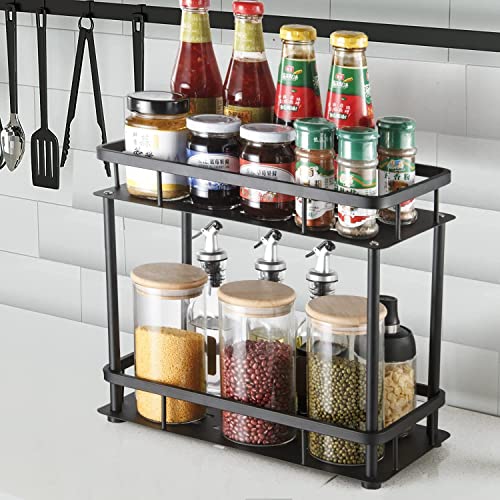 FunViet Modern Bathroom Organizer Countertop,2-Tier Black Aluminum Counter Organizer and Storage Shelf Holder for Bathroom, Kitchen, Bedroom,Office Desk,Pantry and Coffee Bar.