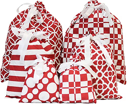 JOYIN 6 PCS Christmas Fabric Gift Bags for Party Favors, Holiday Gift Giving, Goody Bags, Holiday Presents Décor, Giant Gifts Decorations (red)