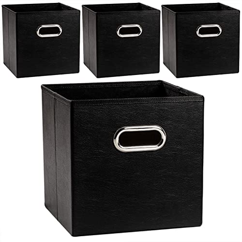 PRANDOM Leather Foldable Cube Storage Bins 11x11 inch [4-Pack] Fabric Storage Baskets Cubes Drawer with Cotton Handles Organizer for Shelves Toy Nursery Closet Bedroom Clothes Black