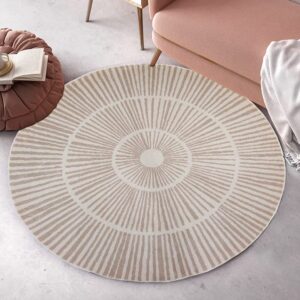 TEALP Round Rug 4Ft Modern Area Rug Soft Faux Wool Rug for Living Room Nonslip Circle Rug with Sunshine Pattern Washable Floor Carpet for Bedroom Laundry Room Nursery Decor Chic Geometric Rug, Camel