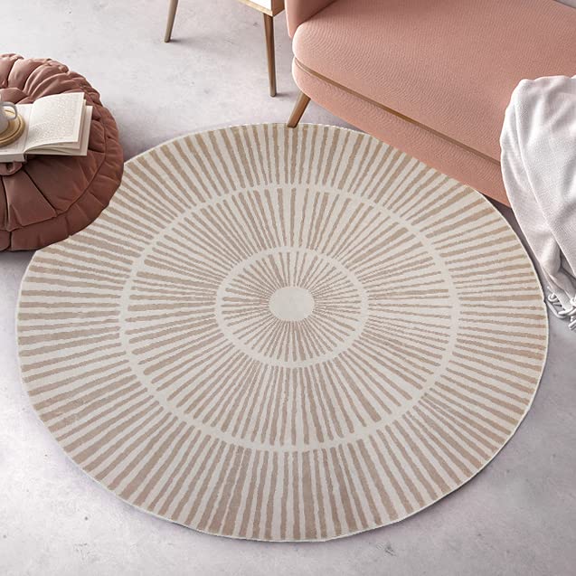 TEALP Round Rug 4Ft Modern Area Rug Soft Faux Wool Rug for Living Room Nonslip Circle Rug with Sunshine Pattern Washable Floor Carpet for Bedroom Laundry Room Nursery Decor Chic Geometric Rug, Camel