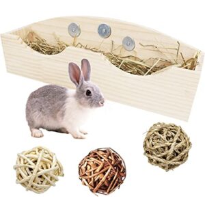 hamiledyi rabbit hay feeder rack bunny grass holder wooden food feeding manger with 3 kinds of grass balls less wasted hanging hay dispenser for guinea pigs gerbil chinchillas squirrels ferret