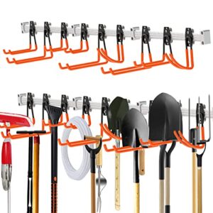 yuzziko heavy duty garage tool storage system with 9 hooks, steel organizer wall mounted rack, ultility garden tool hangers 47 inch for broom, mop, rake shovel