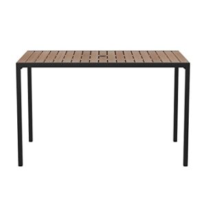 Flash Furniture Lark Outdoor Steel Dining Table with Umbrella Hole - Faux Teak Poly Slatted Top - Commercial Grade Table-Black Frame-30x48 Table Seats up to 4 Adults