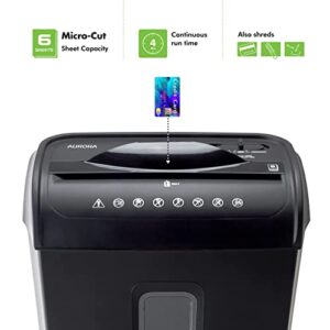 Aurora High-Security 6-Sheet Micro-Cut Paper Credit Card Shredder with 3.5-Gallon Wastebasket, 4-Minute Continuous Running Time, Security Level P-4