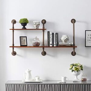 ivinta 2-tier floating shelves industrial pipe shelf wall mounted solid wood shelf hanging wall bookshelf for kitchen office ladder shelf for living room bathroom