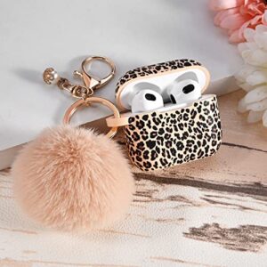 AirPods 3 Case AIRSPO Cute AirPods 3 Case Cover for AirPods 3 Leopard Printed AirPods 3rd Generation Protective Skin for Women, Girls with Pom Pom Fur Ball Keychain (Khaki/Cheetah)