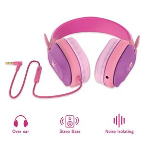 Riwbox Kids Headphones for School with Mic, CS6 Folding Stereo Headphones Over Ear Wired Headset Sharing Function with Mic and Volume Control Compatible for iPad/iPhone/PC/Kindle/Tablet (Pink&Purple)