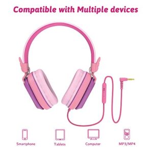 Riwbox Kids Headphones for School with Mic, CS6 Folding Stereo Headphones Over Ear Wired Headset Sharing Function with Mic and Volume Control Compatible for iPad/iPhone/PC/Kindle/Tablet (Pink&Purple)