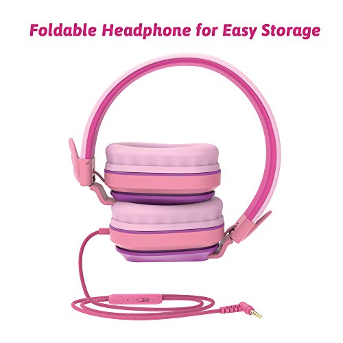 Riwbox Kids Headphones for School with Mic, CS6 Folding Stereo Headphones Over Ear Wired Headset Sharing Function with Mic and Volume Control Compatible for iPad/iPhone/PC/Kindle/Tablet (Pink&Purple)