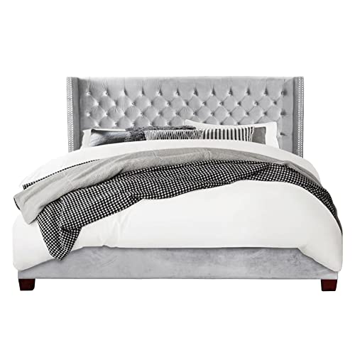 Nathaniel Home Aliyah Velvet Upholstered Platform Bed Deep Button Tufting Frame Bed with Wingback Headboard/Mattress Foundation/Wood Slat Support/No Box Spring Needed/Easy Assembly, Silver, King