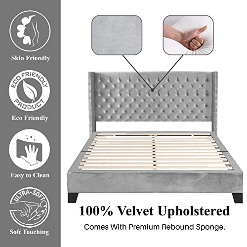 Nathaniel Home Aliyah Velvet Upholstered Platform Bed Deep Button Tufting Frame Bed with Wingback Headboard/Mattress Foundation/Wood Slat Support/No Box Spring Needed/Easy Assembly, Silver, King