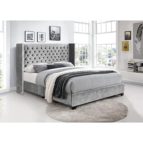 Nathaniel Home Aliyah Velvet Upholstered Platform Bed Deep Button Tufting Frame Bed with Wingback Headboard/Mattress Foundation/Wood Slat Support/No Box Spring Needed/Easy Assembly, Silver, King