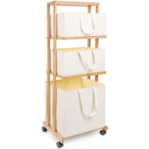 homde laundry basket 3 tier bamboo storage shelf with wheels removable storage basket with handle freestanding clothes hamper organizer for bathroom living room bedroom