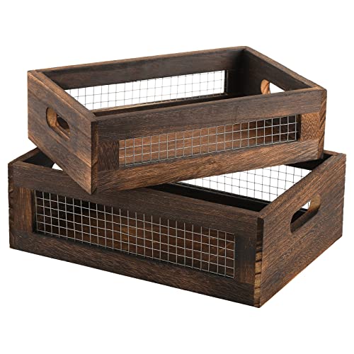 Dicunoy Set of 2 Rustic Nesting Boxes, Wooden Organizer Crates Basket, Small Decorative Wood Wire Containers with Handle for Countertop, Fruit, Veggies, Kitchen, Bathroom, Pantry Storage, Gift Basket