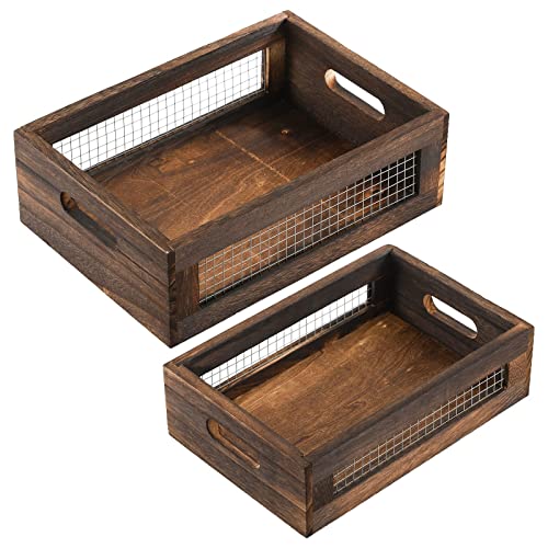 Dicunoy Set of 2 Rustic Nesting Boxes, Wooden Organizer Crates Basket, Small Decorative Wood Wire Containers with Handle for Countertop, Fruit, Veggies, Kitchen, Bathroom, Pantry Storage, Gift Basket