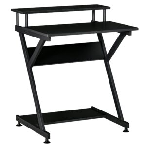 homcom industrial computer desk with monitor shelf, r shaped writing table for home office, black