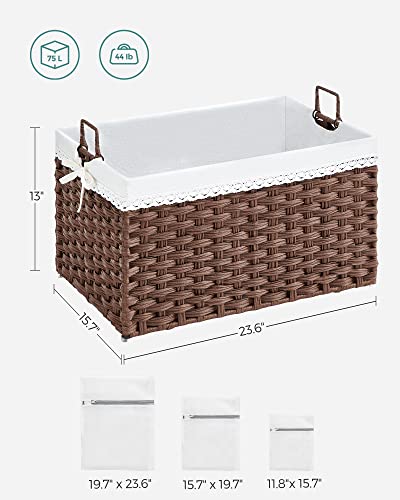 SONGMICS Laundry Basket, Laundry Hamper with 2 Removable Liner Bags & 3 Mesh Laundry Bags, 75L Sturdy Tall Laundry Bin, Freestanding Clothes Hamper with Handles, for Bathroom Dorm, Brown URST375K01