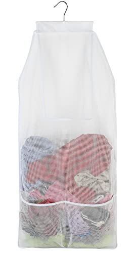 Qimodo Hanging Long Mesh Laundry Hamper,Narrow See-Through Mesh Laundry Basket with 2 Extra Front Pockets for Socks and Undwerwear (White)