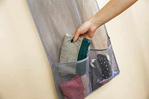 Qimodo Hanging Long Mesh Laundry Hamper,Narrow See-Through Mesh Laundry Basket with 2 Extra Front Pockets for Socks and Undwerwear (White)