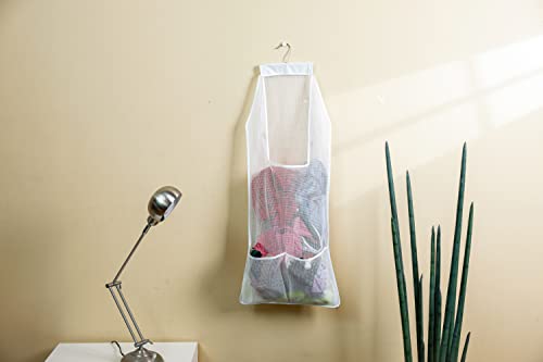 Qimodo Hanging Long Mesh Laundry Hamper,Narrow See-Through Mesh Laundry Basket with 2 Extra Front Pockets for Socks and Undwerwear (White)