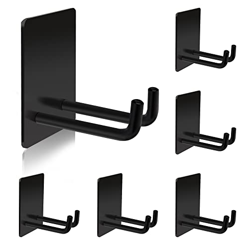 TONHTCAT Adhesive Hooks, Stick on Stainless Steel Towel Robe Razor Wall Hooks for Bathroom Kitchen, Sticky Heavy Duty Durable Shower Hangers for Hanging Hat Coat Key 6-Pack (Black)