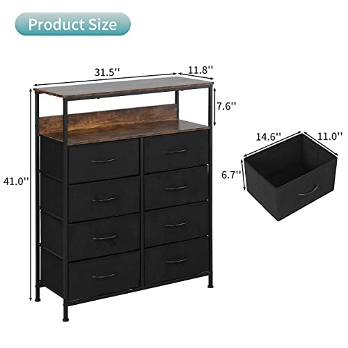 AMISEN Dresser with 8 Drawers, Fabric Dresser with Shelves, Tall Storage Organizer Unit for Bedroom, Living Room,Hallway, Entryway, Office Organization - Steel Frame, Wood Top, Black