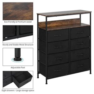 AMISEN Dresser with 8 Drawers, Fabric Dresser with Shelves, Tall Storage Organizer Unit for Bedroom, Living Room,Hallway, Entryway, Office Organization - Steel Frame, Wood Top, Black