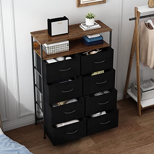 AMISEN Dresser with 8 Drawers, Fabric Dresser with Shelves, Tall Storage Organizer Unit for Bedroom, Living Room,Hallway, Entryway, Office Organization - Steel Frame, Wood Top, Black