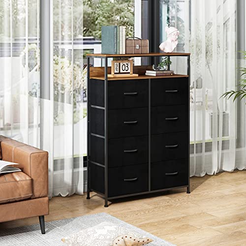 AMISEN Dresser with 8 Drawers, Fabric Dresser with Shelves, Tall Storage Organizer Unit for Bedroom, Living Room,Hallway, Entryway, Office Organization - Steel Frame, Wood Top, Black