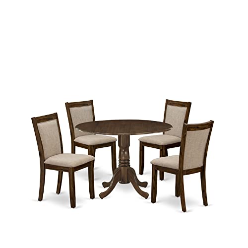 East West Furniture DLMZ5-AWN-04 5 Piece Kitchen Set for 4 Includes a Round Room Table with Dropleaf and 4 Light Tan Linen Fabric Parsons Dining Chairs, 42x42 Inch