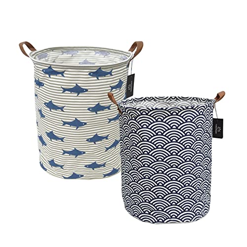 Collapsible Laundry Basket - GodenMoninG 2X 62.8L Large Sized Round Waterproof Storage Bin with Leather Handles,Home Decor,Toy Organizer,Children Nursery Hamper.（2 PACKS，Grey Striped Shark & Blue Wave）