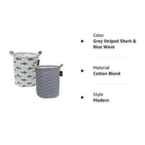 Collapsible Laundry Basket - GodenMoninG 2X 62.8L Large Sized Round Waterproof Storage Bin with Leather Handles,Home Decor,Toy Organizer,Children Nursery Hamper.（2 PACKS，Grey Striped Shark & Blue Wave）