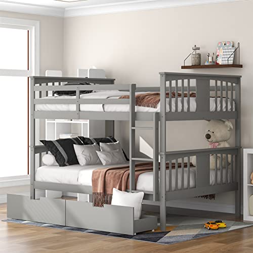 Full over Full Bunk Bed with Storage Drawers, Bunk Beds Full Over Full with Safety Rail and Ladder, Wood Full Bunk Bed for Adults, Kids, Teens No Box Spring Needed (Full, Grey)