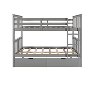 Full over Full Bunk Bed with Storage Drawers, Bunk Beds Full Over Full with Safety Rail and Ladder, Wood Full Bunk Bed for Adults, Kids, Teens No Box Spring Needed (Full, Grey)