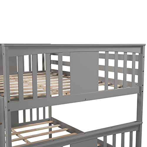 Full over Full Bunk Bed with Storage Drawers, Bunk Beds Full Over Full with Safety Rail and Ladder, Wood Full Bunk Bed for Adults, Kids, Teens No Box Spring Needed (Full, Grey)