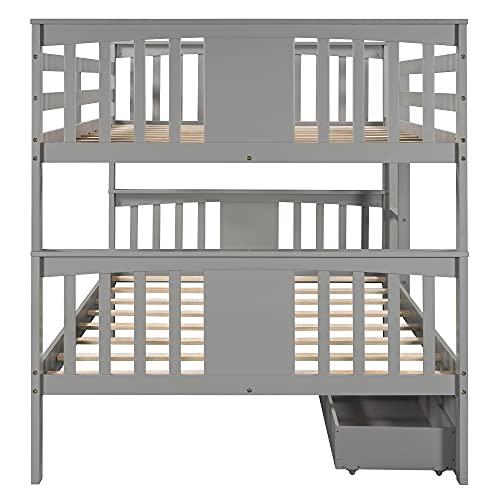 Full over Full Bunk Bed with Storage Drawers, Bunk Beds Full Over Full with Safety Rail and Ladder, Wood Full Bunk Bed for Adults, Kids, Teens No Box Spring Needed (Full, Grey)