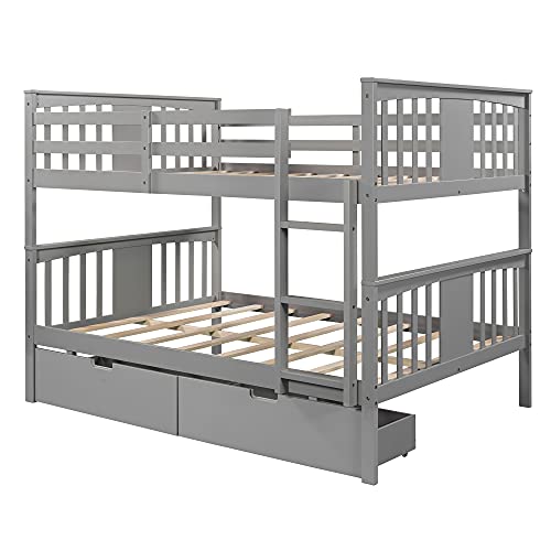 Full over Full Bunk Bed with Storage Drawers, Bunk Beds Full Over Full with Safety Rail and Ladder, Wood Full Bunk Bed for Adults, Kids, Teens No Box Spring Needed (Full, Grey)