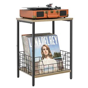 2-tier record player table, industrial retro side table nightstand small end table for living room bedroom kitchen office small spaces, record player stand with record album storage-rustic brown