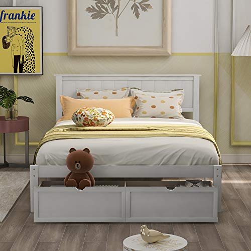 SOFTSEA Full Bed Frame with Drawers Storage Bed Wood Platform Bed Frame with Headboard and Footboard